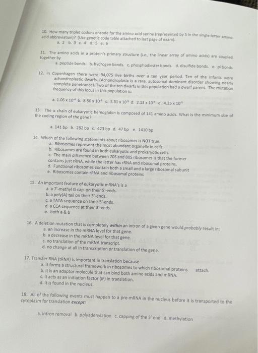 Solved 10. How many triplet codons encode for the amino | Chegg.com