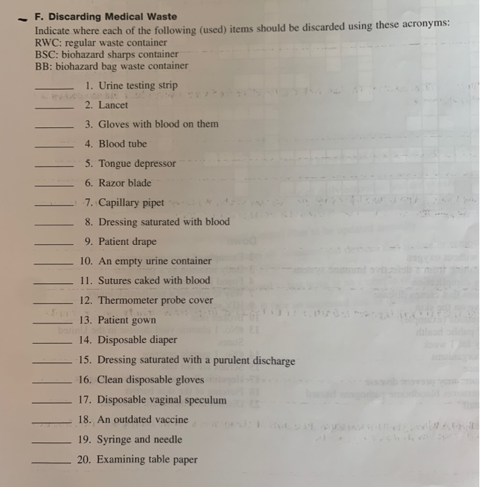 Solved F. Discarding Medical Waste Indicate where each of | Chegg.com