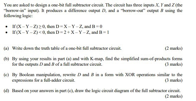 Solved You are asked to design a one-bit full subtractor | Chegg.com