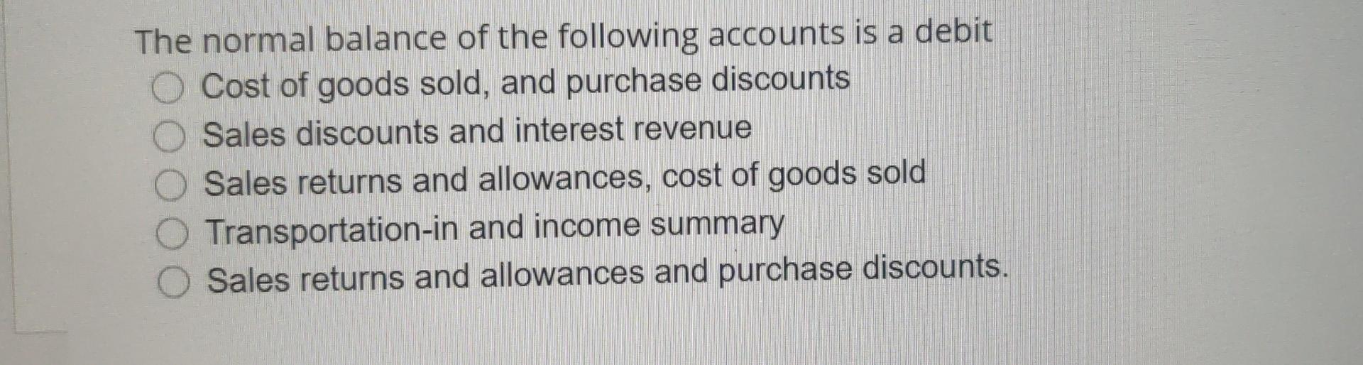 Solved The normal balance of the following accounts is a | Chegg.com