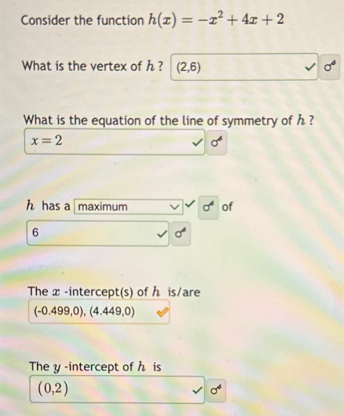 Solved Consider the function h(x)=-x2+4x+2What is the vertex | Chegg.com