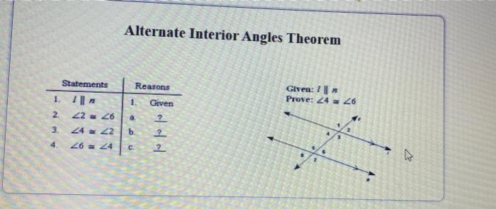 Solved Alternate Interior Angles Theorem Statements Reasons | Chegg.com