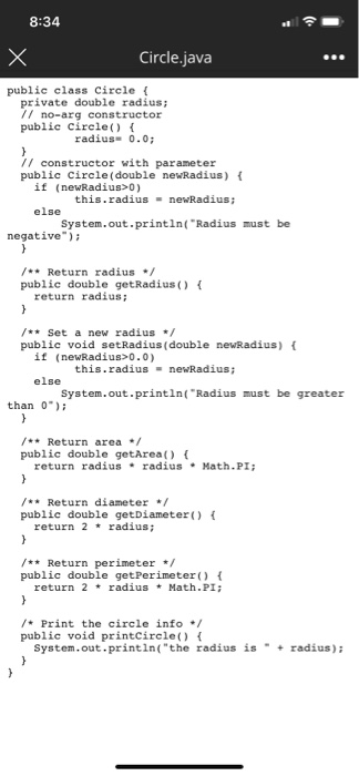 Solved 8:34 Circle.java public class Circle { private double | Chegg.com