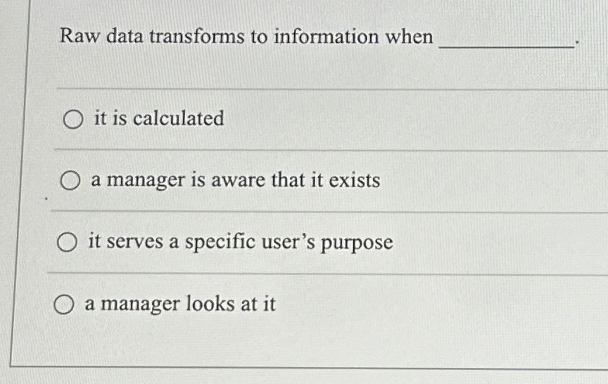 Solved Raw data transforms to information whenit is | Chegg.com