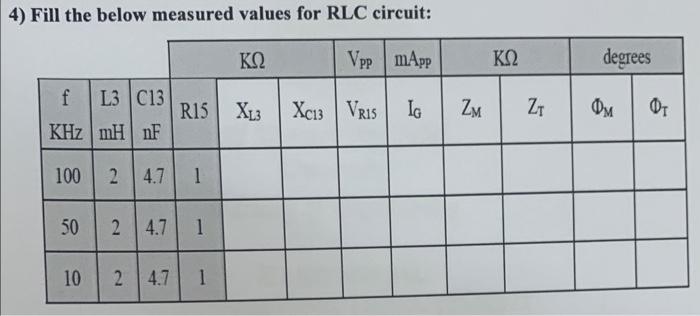 4) Fill the below measured values for RLC circuit: | Chegg.com