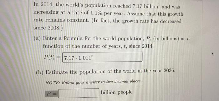 Solved In 2014, the world's population reached 7.17 billion | Chegg.com