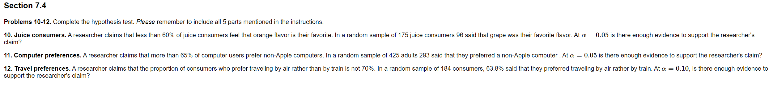 Solved Section 7.4Problems 10-12. ﻿Complete the hypothesis | Chegg.com