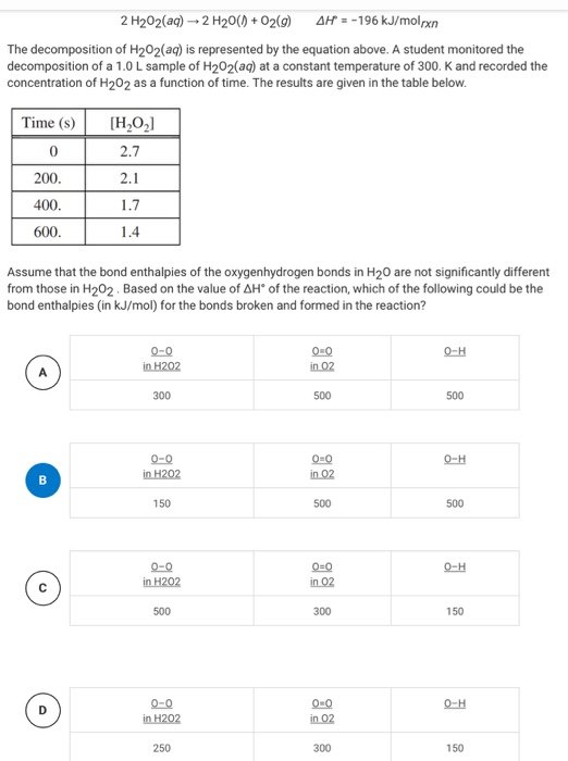 Solved 2 H2O2(aq) + 2 H20() + O2(g) AH = -196 kJ/mol xn The | Chegg.com