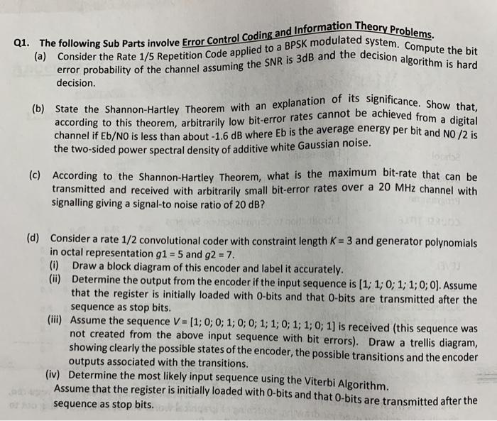 Q1. The following Sub Parts involve Error Control | Chegg.com