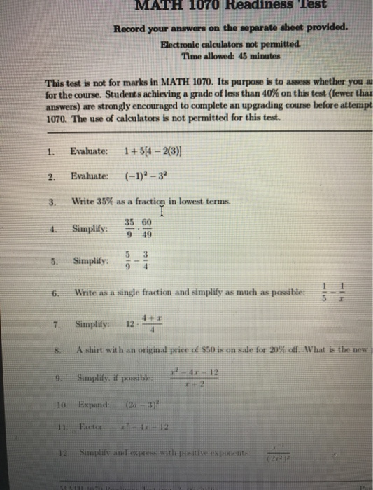 Solved MATH 1070 Readiness Test Record your answers on the | Chegg.com