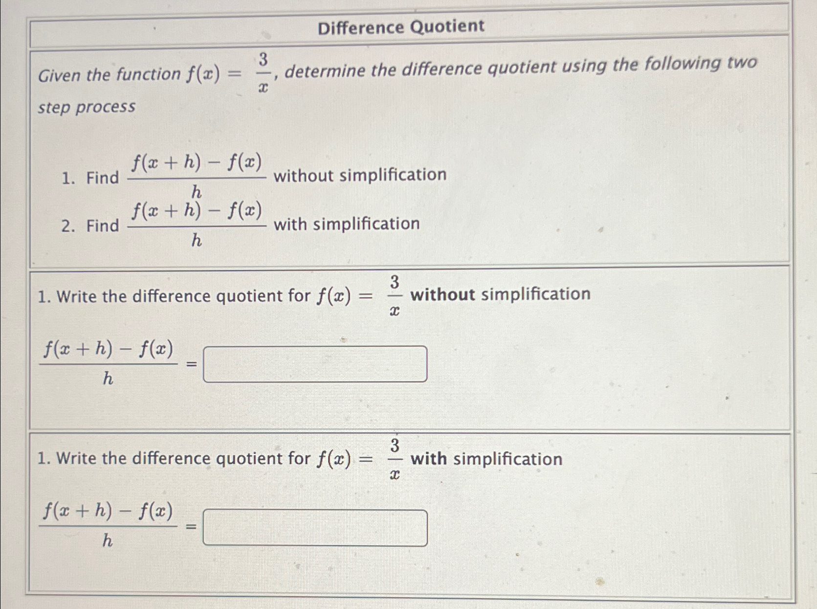 Solved Difference QuotientGiven the function f(x)=3x, | Chegg.com