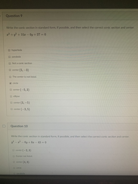 Solved Question 9 Write the conic section in standard form, | Chegg.com