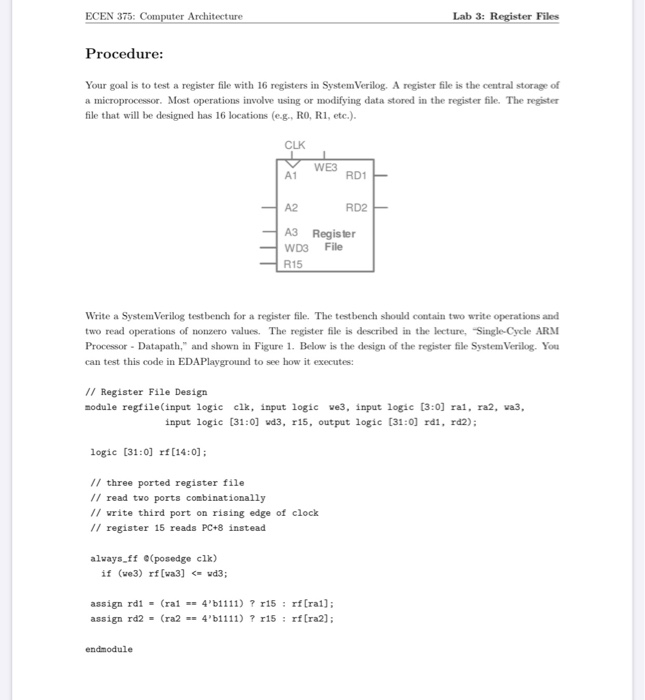 Solved ECEN 375: Computer Architecture Lab 3: Register Files | Chegg.com