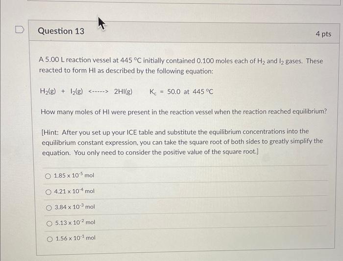 Solved A 5.00 L reaction vessel at 445∘C initially contained | Chegg.com
