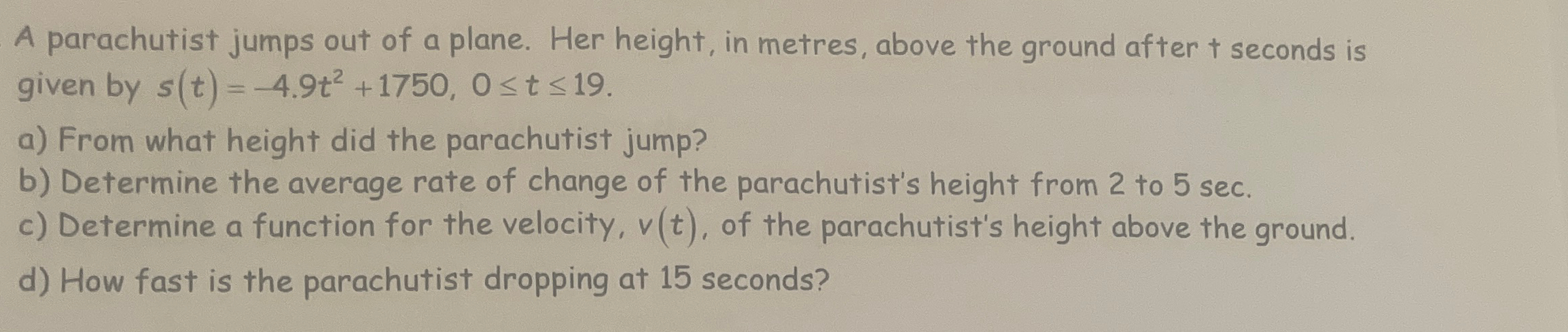 Solved A parachutist jumps out of a plane. Her height, in | Chegg.com