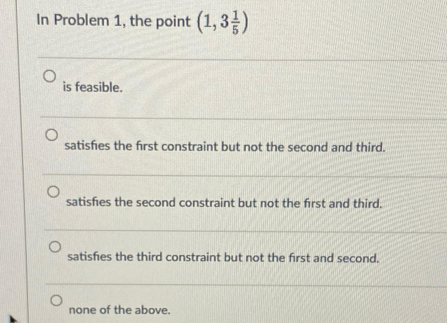 Solved In Problem 1, ﻿the point (1,315)is feasible.satisfies | Chegg.com