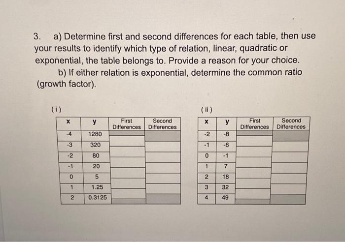 Solved 3. a) Determine first and second differences for each | Chegg.com