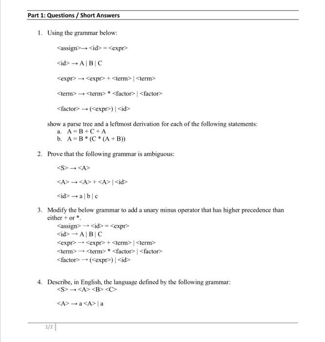 Solved 1. Using the grammar below: →=