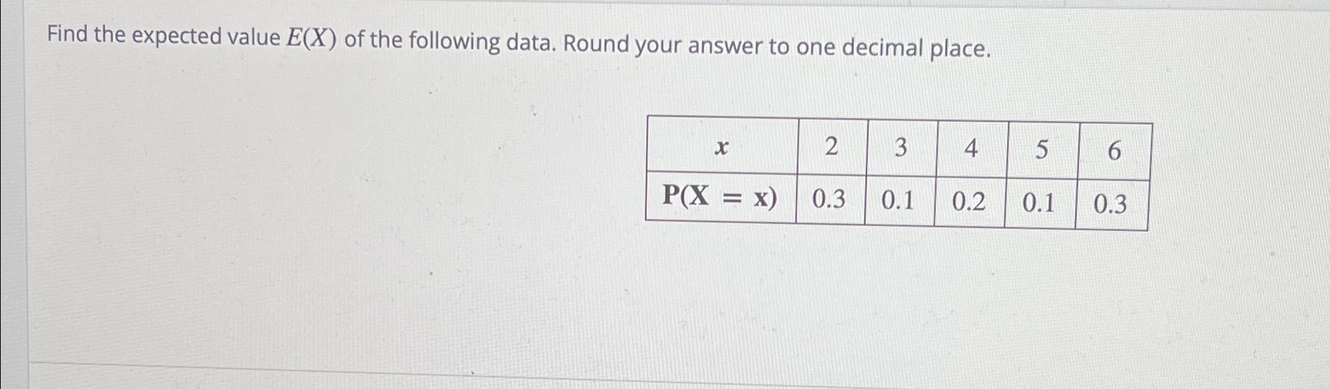 Solved Find the expected value E(x) ﻿of the following data. | Chegg.com