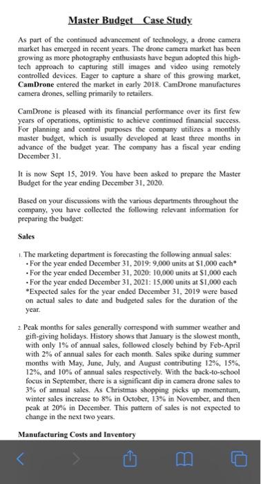 Solved Master Budget Case Study As part of the continued | Chegg.com