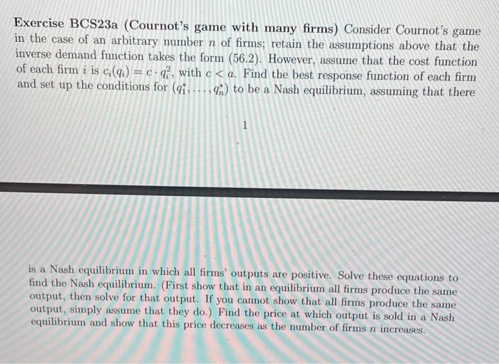 Solved Exercise BCS23a (Cournot's game with many firms) | Chegg.com