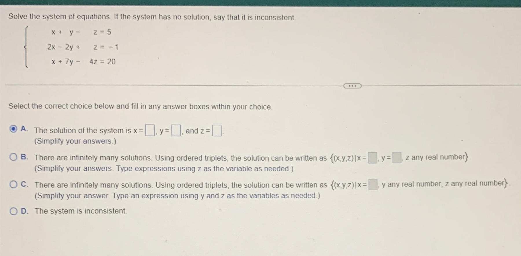 Solved Solve the system of equations. If the system has no | Chegg.com
