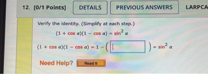 Solved Verify the identity. (Simplify at each step.) | Chegg.com