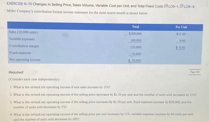 Solved EXÉRCISE 6-13 Changes in Selling Price, Sales Volume, | Chegg.com