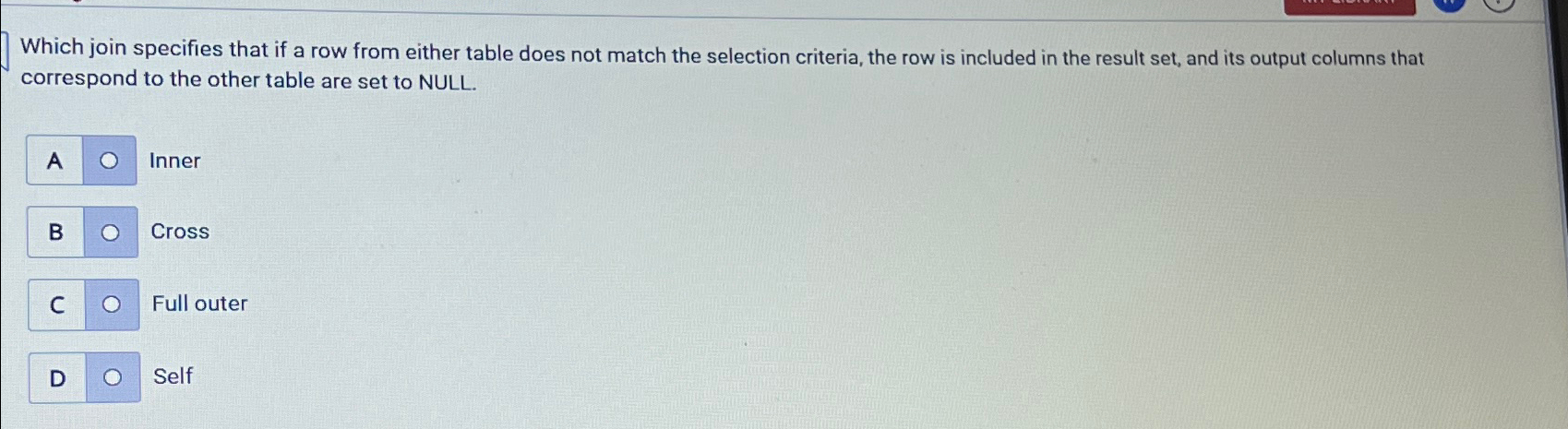 Solved Which join specifies that if a row from either table | Chegg.com