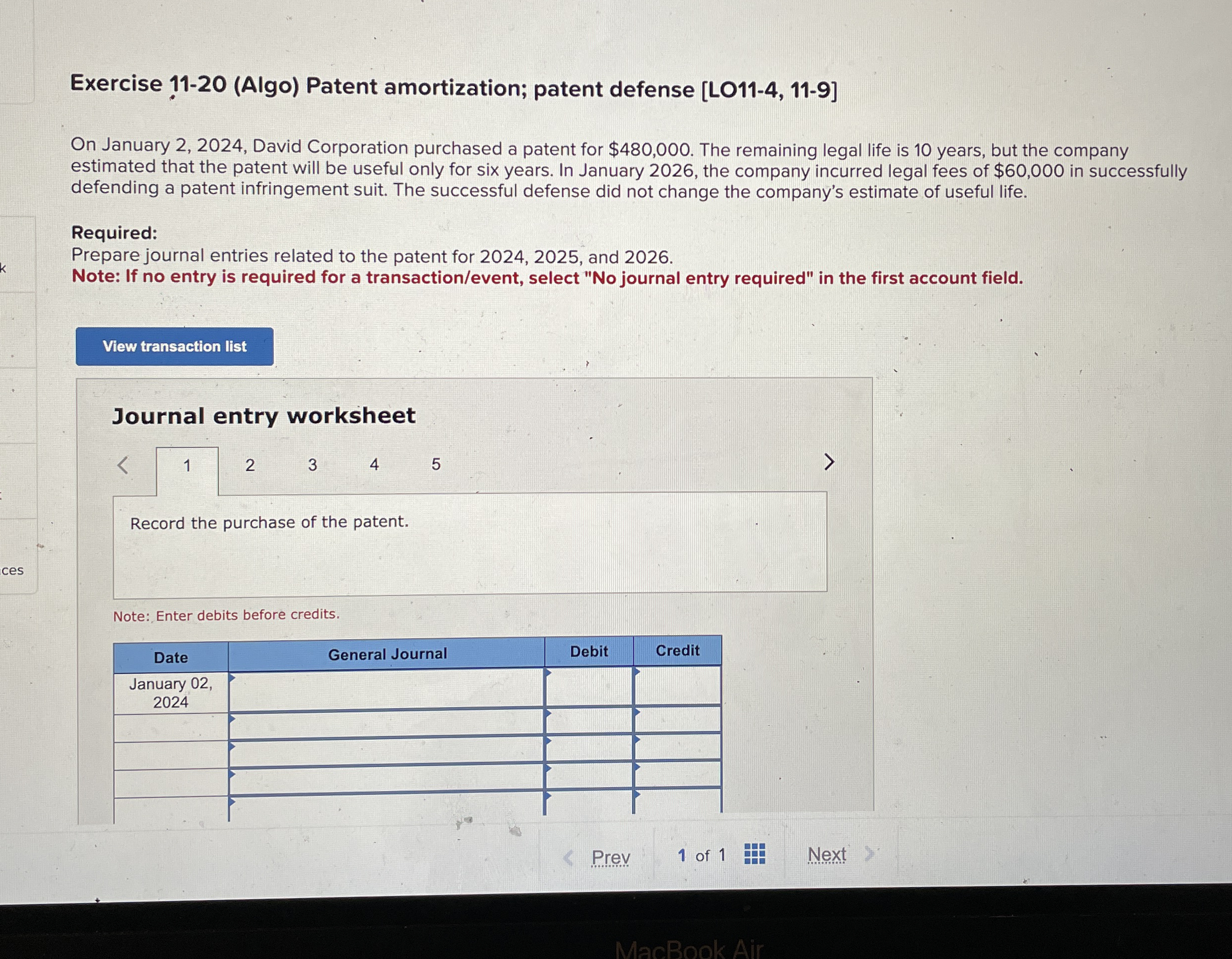 Exercise 11-20 (Algo) ﻿Patent amortization; patent | Chegg.com