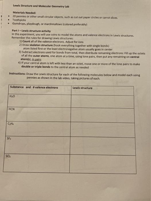 Solved Lewis Structure and Molecular Geometry Lab F 1 . | Chegg.com