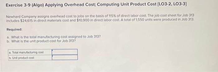 Solved Exercise 3-9 (Algo) Applying Overhead Cost; Computing | Chegg.com