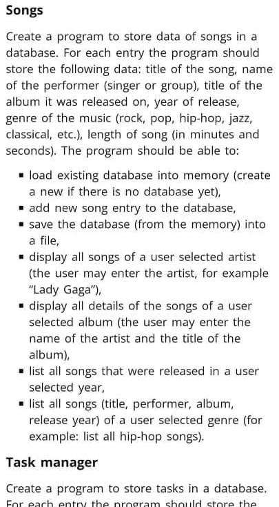 Solved Songs Create a program to store data of songs in a | Chegg.com