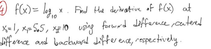 Solved (4) f(x)=log10x. Find the deivative of f(x) at | Chegg.com