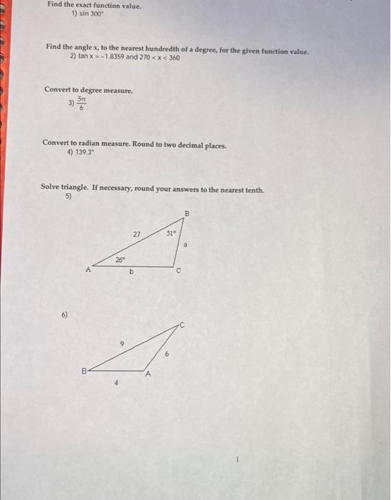 Solved Find the exact function value. 1) sin300∘ Find the | Chegg.com