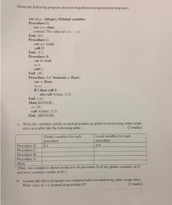 Solved Given the following program in some hypothetical | Chegg.com