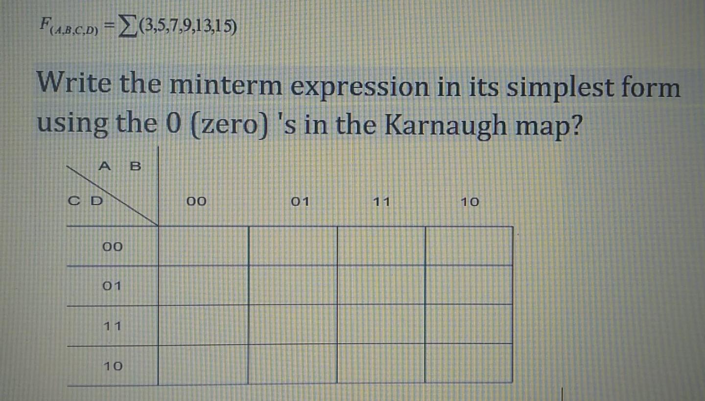 Solved FA.B.C.D) =(3,5,7,9,13,15) Write the minterm | Chegg.com