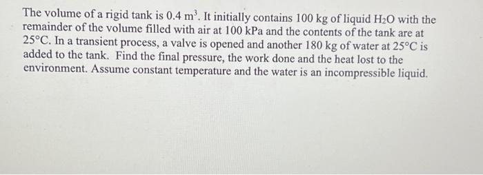 Solved The volume of a rigid tank is 0.4 m3. It initially | Chegg.com