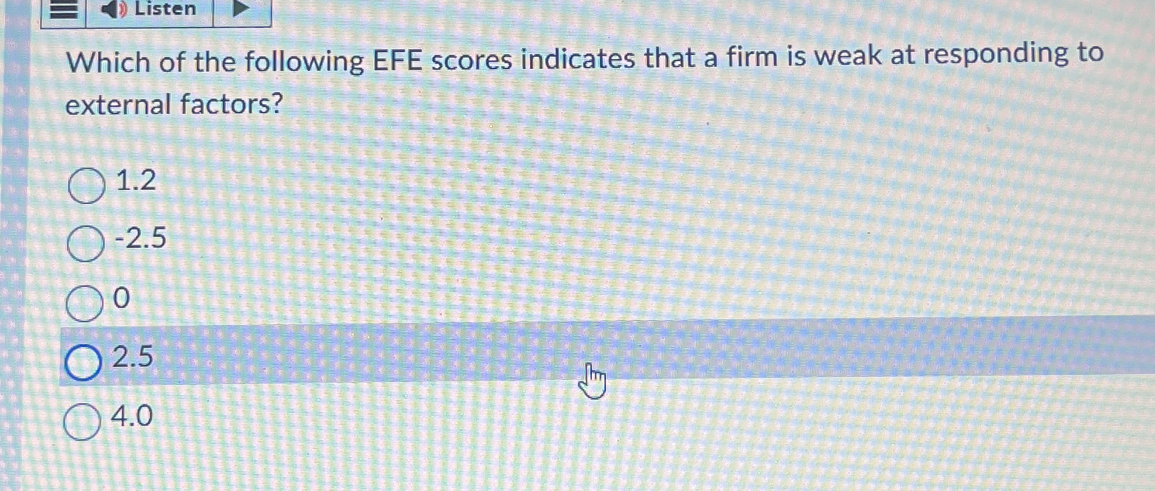 Solved Which of the following EFE scores indicates that a | Chegg.com