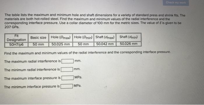 Solved Check The table lists the maximum and minimum hole | Chegg.com