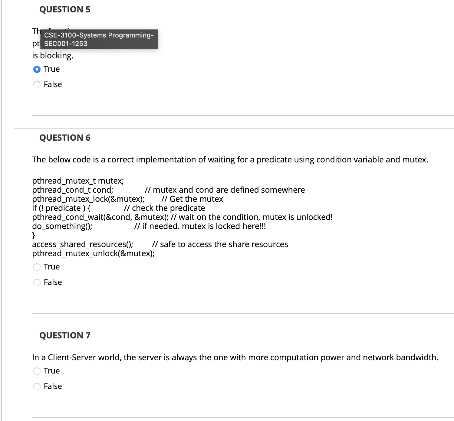 Solved QUESTION 5 ﻿is blocking. True False QUESTION 6 ﻿The | Chegg.com