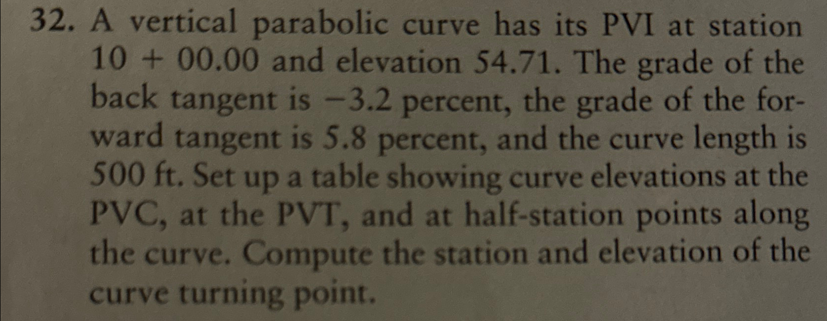 Solved A vertical parabolic curve has its PVI at station | Chegg.com