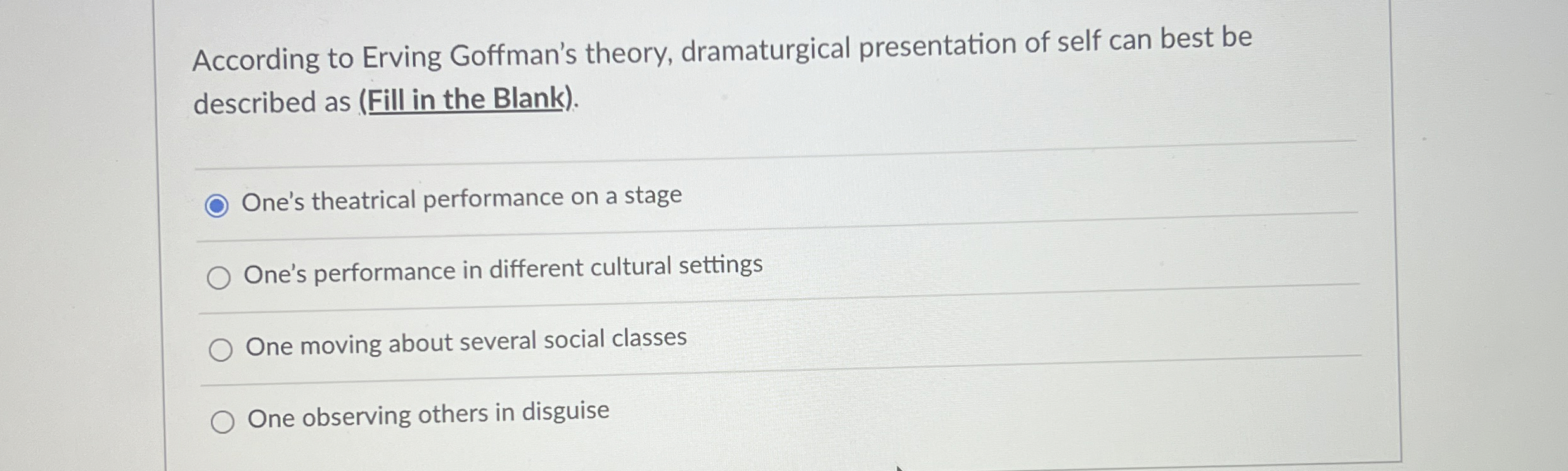 Solved According to Erving Goffman's theory, dramaturgical | Chegg.com