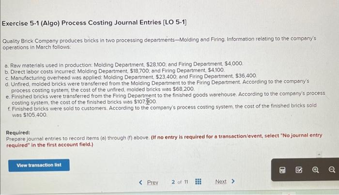 Solved Exercise 5-1 (Algo) Process Costing Journal Entries | Chegg.com
