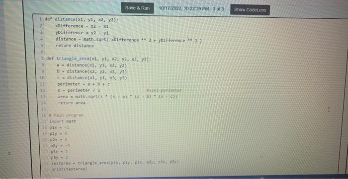 Solved 1 def distance (x1,y1,x2,y2): x b1fference −x2−x1 | Chegg.com