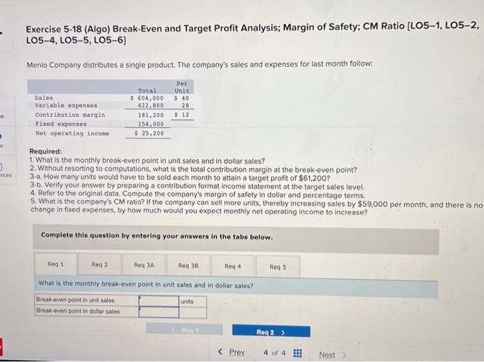Solved Exercise 5-18 (Algo) Break-Even and Target Profit | Chegg.com