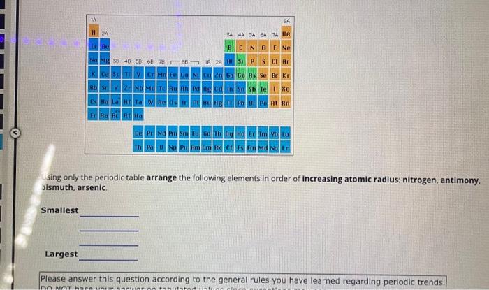 Solved Using only the periodic table arrange the following | Chegg.com