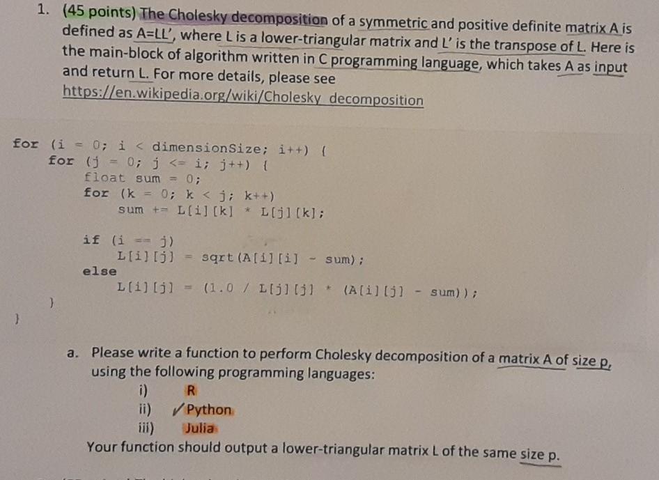 Solved 1. (45 points) The Cholesky decomposition of a | Chegg.com