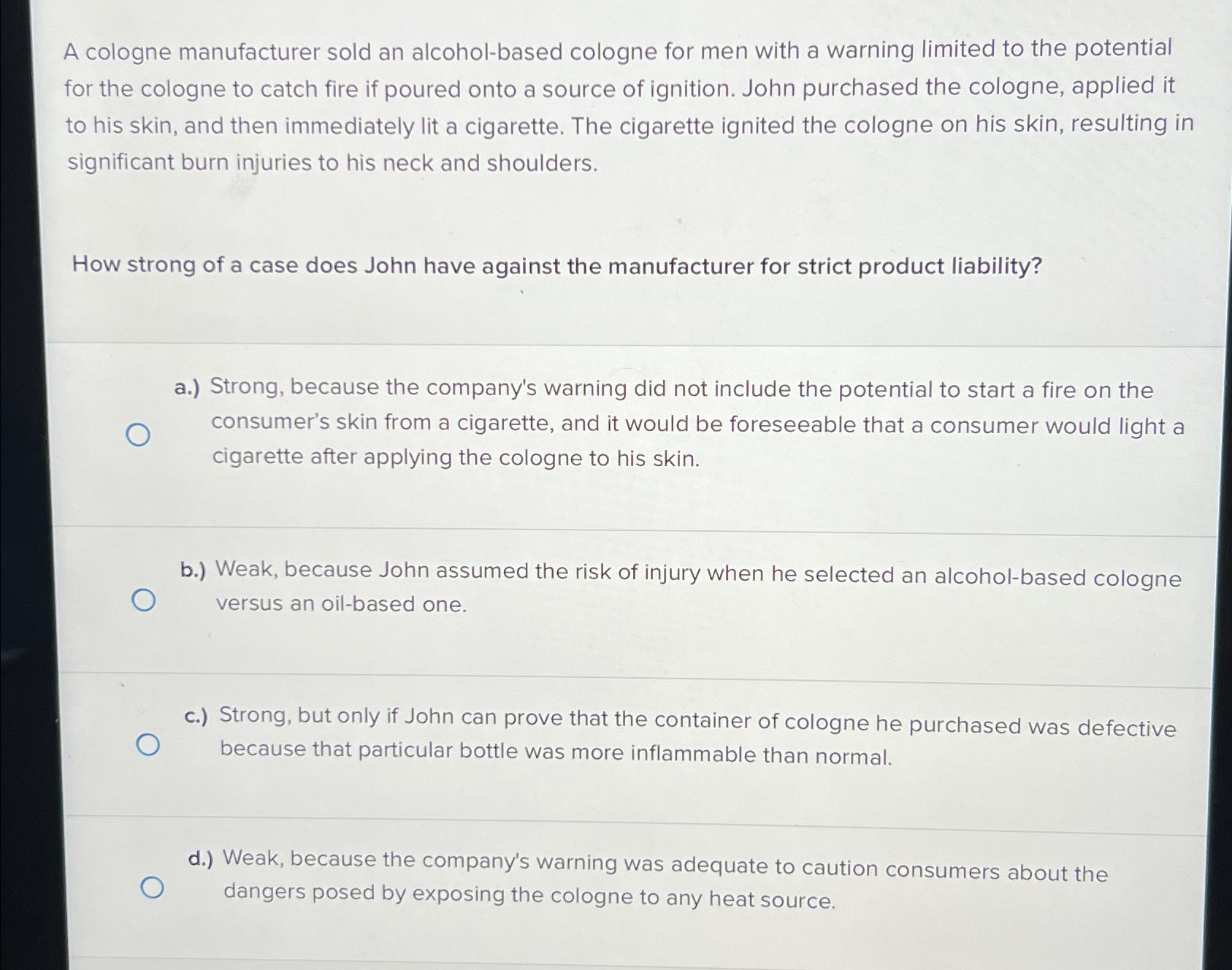 Solved A cologne manufacturer sold an alcohol-based cologne | Chegg.com