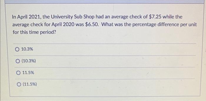 Solved In April 2021, the University Sub Shop had an average | Chegg.com